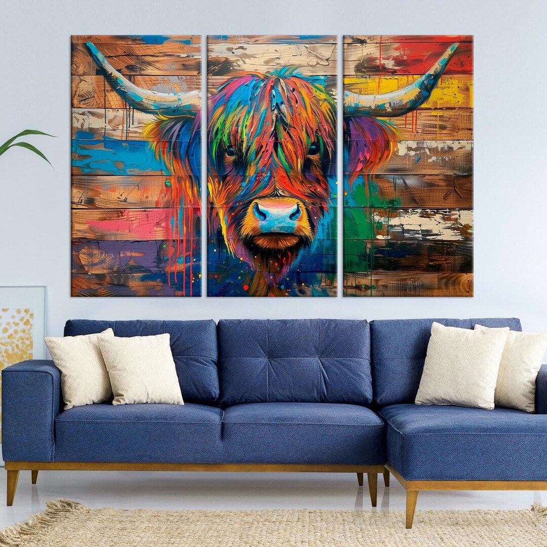 Abstract Highland Cow Canvas Print: Colorful Farmhouse Wall Art - Etsy