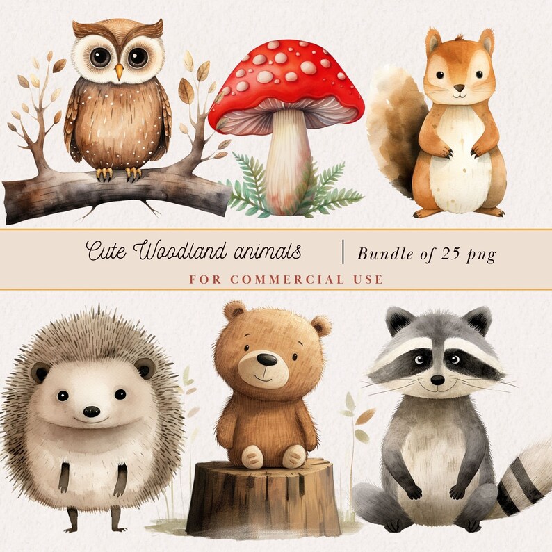 Woodland Animals Clipart Bundle, Cute Animal Png Graphics, Watercolor ...