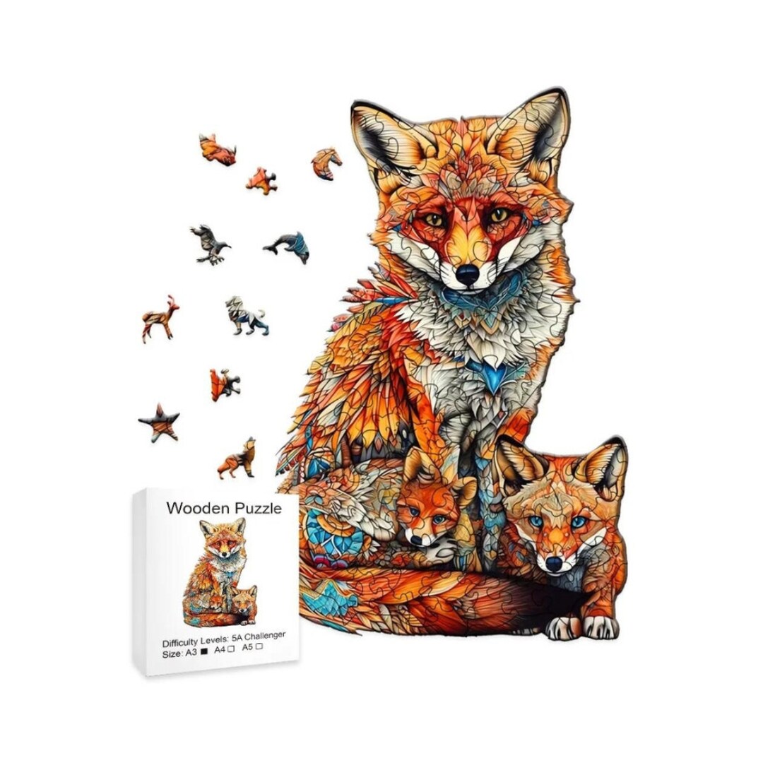 Cute Fox Wooden Jigsaw Puzzle Animal Shaped Pieces Educational Gift for ...