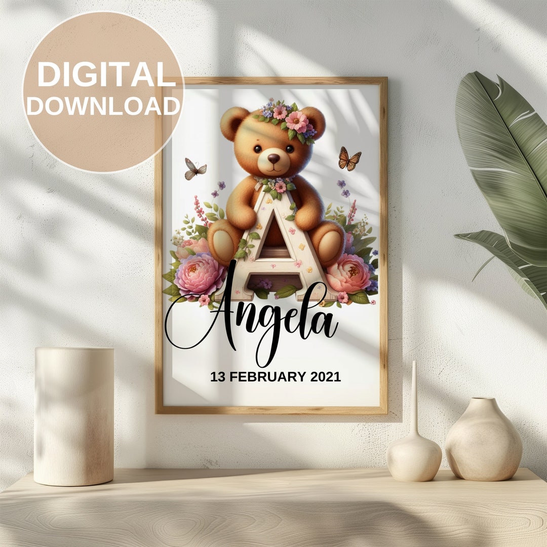 Custom Baby Name Announcement Digital Print Personalized Teddy Floral ...