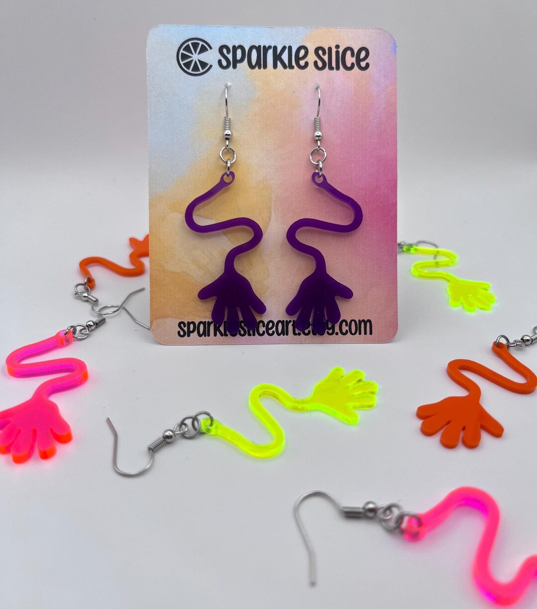 Sticky Hands Slap Toy Earrings - Dangle Blue Pink Green Orange Purple ...