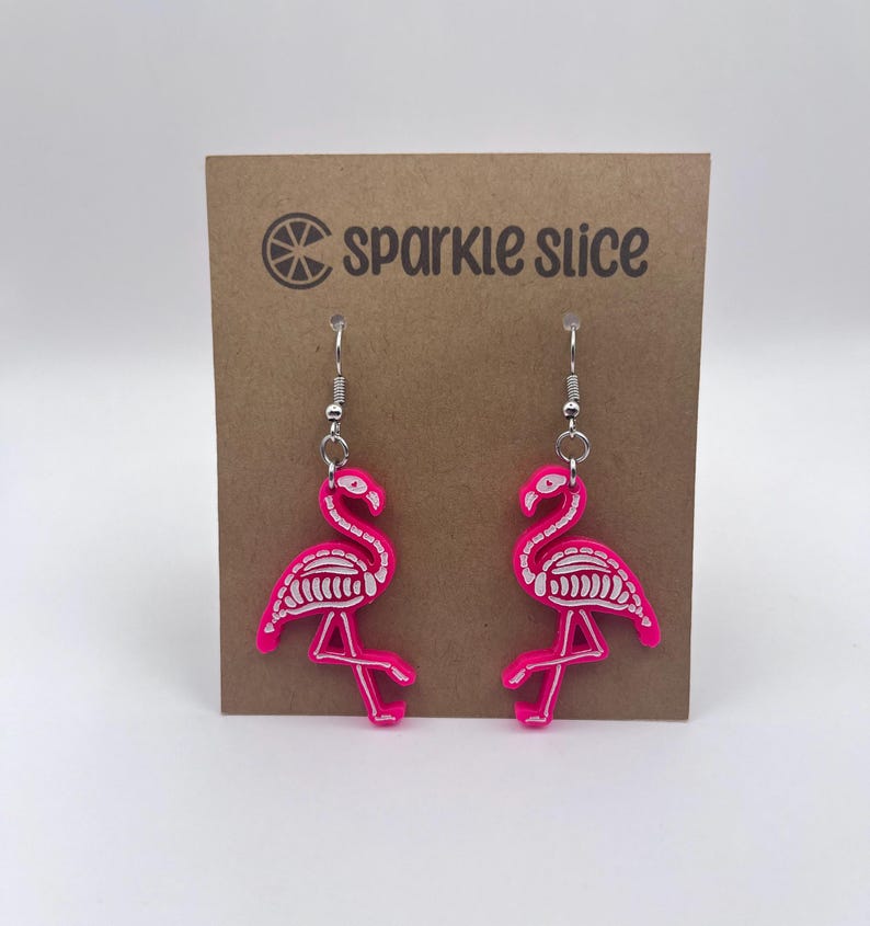 Pink Flamingo Skeleton Dangle Earrings - Summerween - Etsy