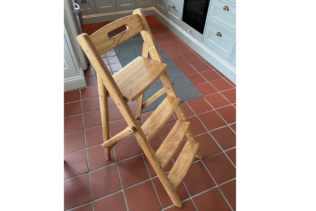 Oak Folding Ladder - Crafted Vintage Style Step Ladder for Kitchen and ...