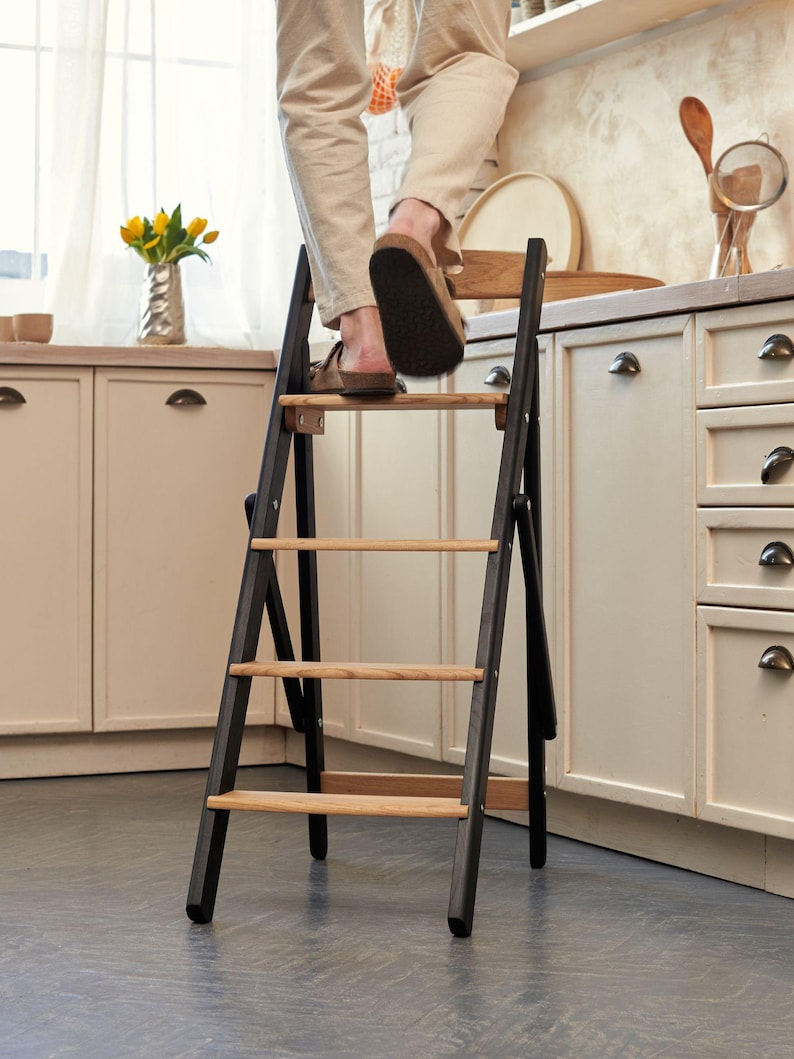 Compact Folding Ladder for Kitchen or Home Décor Made of Light Oak ...