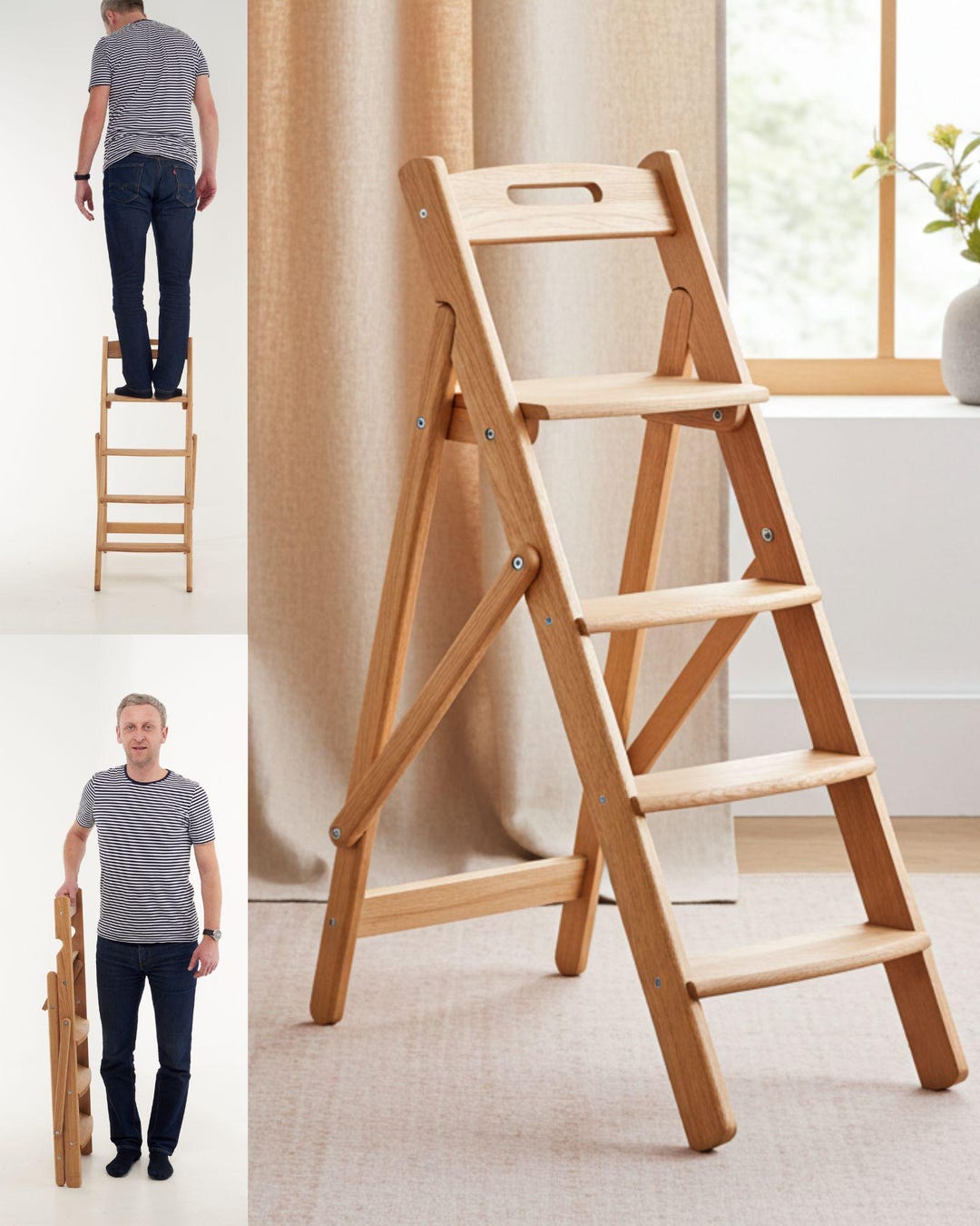Compact Folding Ladder for Kitchen or Home Décor Made of Light Oak ...