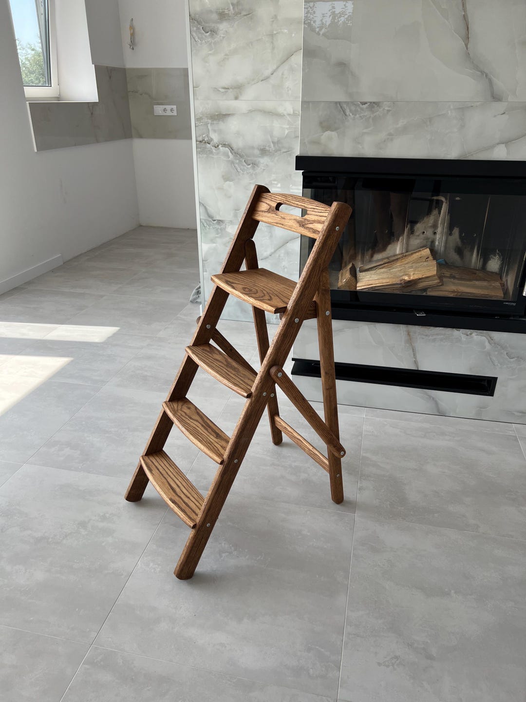 Folding Oak Ladder, Compact Kitchen Stepladder, Folding Library Ladder ...