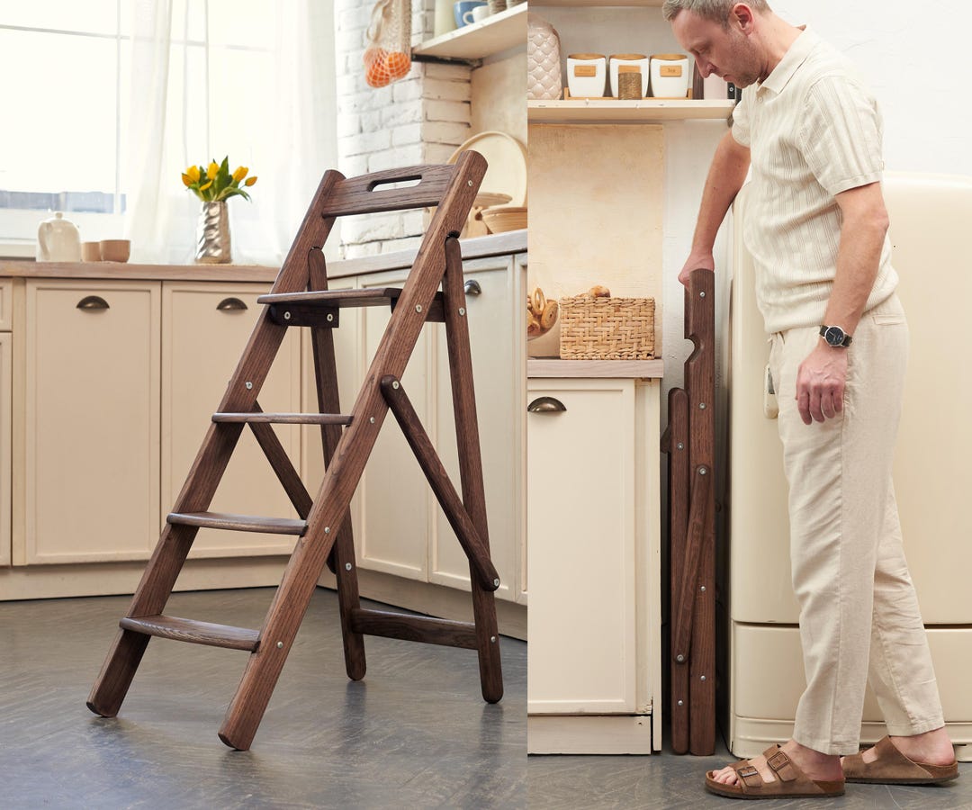 Foldable Wooden Ladder | Solid Oak Step Stool | Handmade | 110 Cm(43in ...