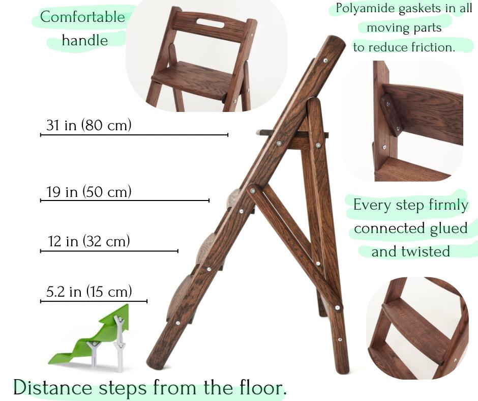 Foldable Wooden Ladder | Solid Oak Step Stool | Handmade | 110 Cm(43in ...