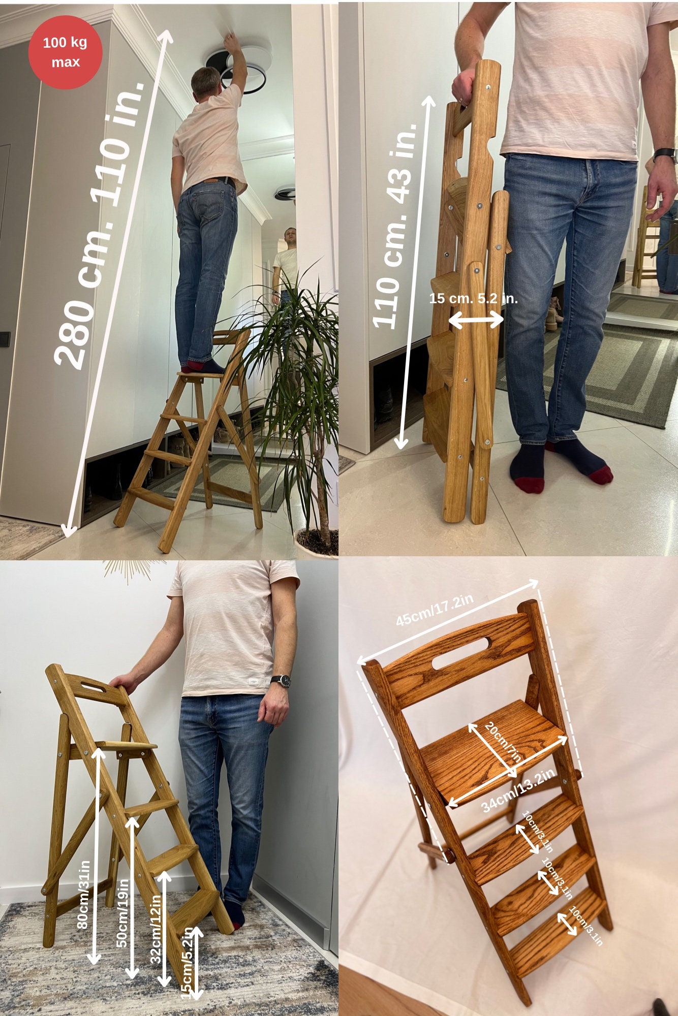A Wooden Folding Ladder Made of Oak. Sizes110cm High43inchesfor Home ...