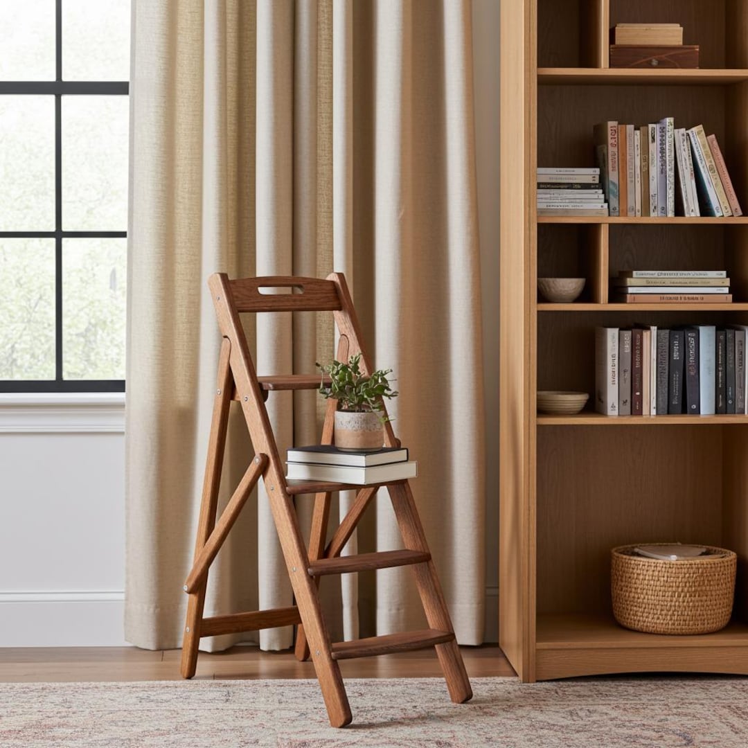 Wooden Folding Oak Step Ladder for Home & Kitchen | Rustic Natural Wood ...