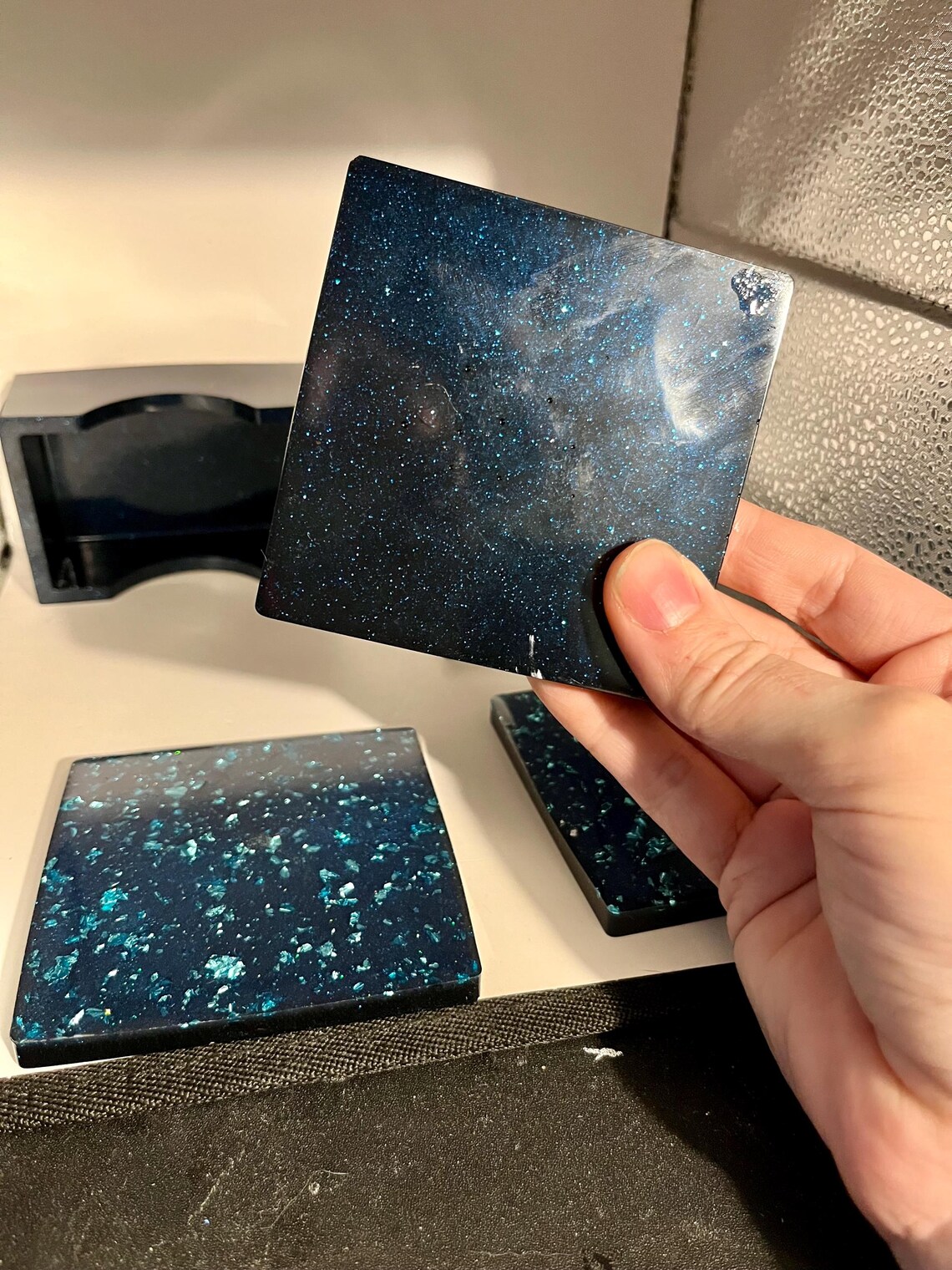 Blue Metallic Flake Resin Coaster Set With Holder - Etsy