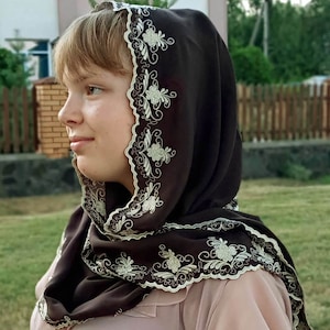 Orthodox Embroidered Scarf. Cream Floral Chiffon Hair Scarf for Women ...