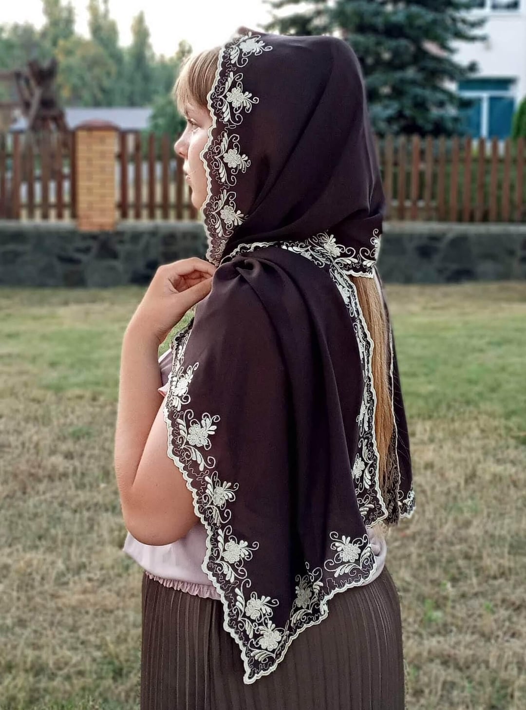 Dark Brown Embroidered Scarf. Christian Orthodox Hair Veil. Chiffon ...