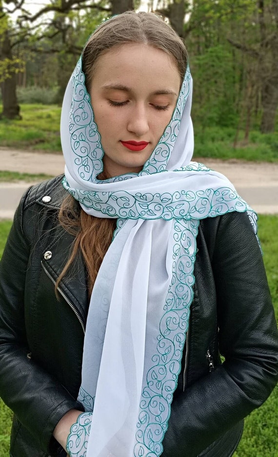 Personalized Handmade Embroidered Scarf. Chiffon Floral Hair Scarf for Women. Long Head Scarf. White Orthodox Head Covering. Christian Veil. Etsy UK