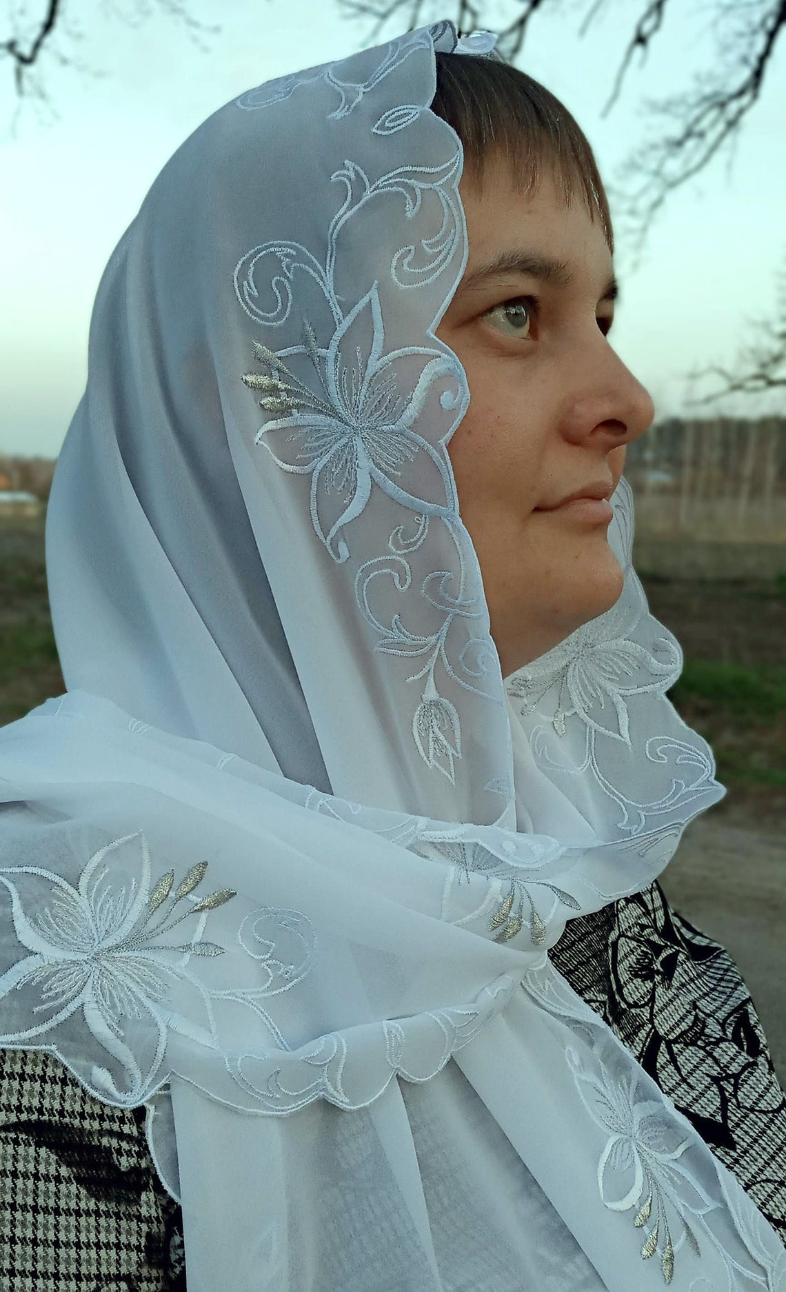 Blue Embroidered Handmade Scarf. Orthodox Chiffon Floral Hair Scarf for ...