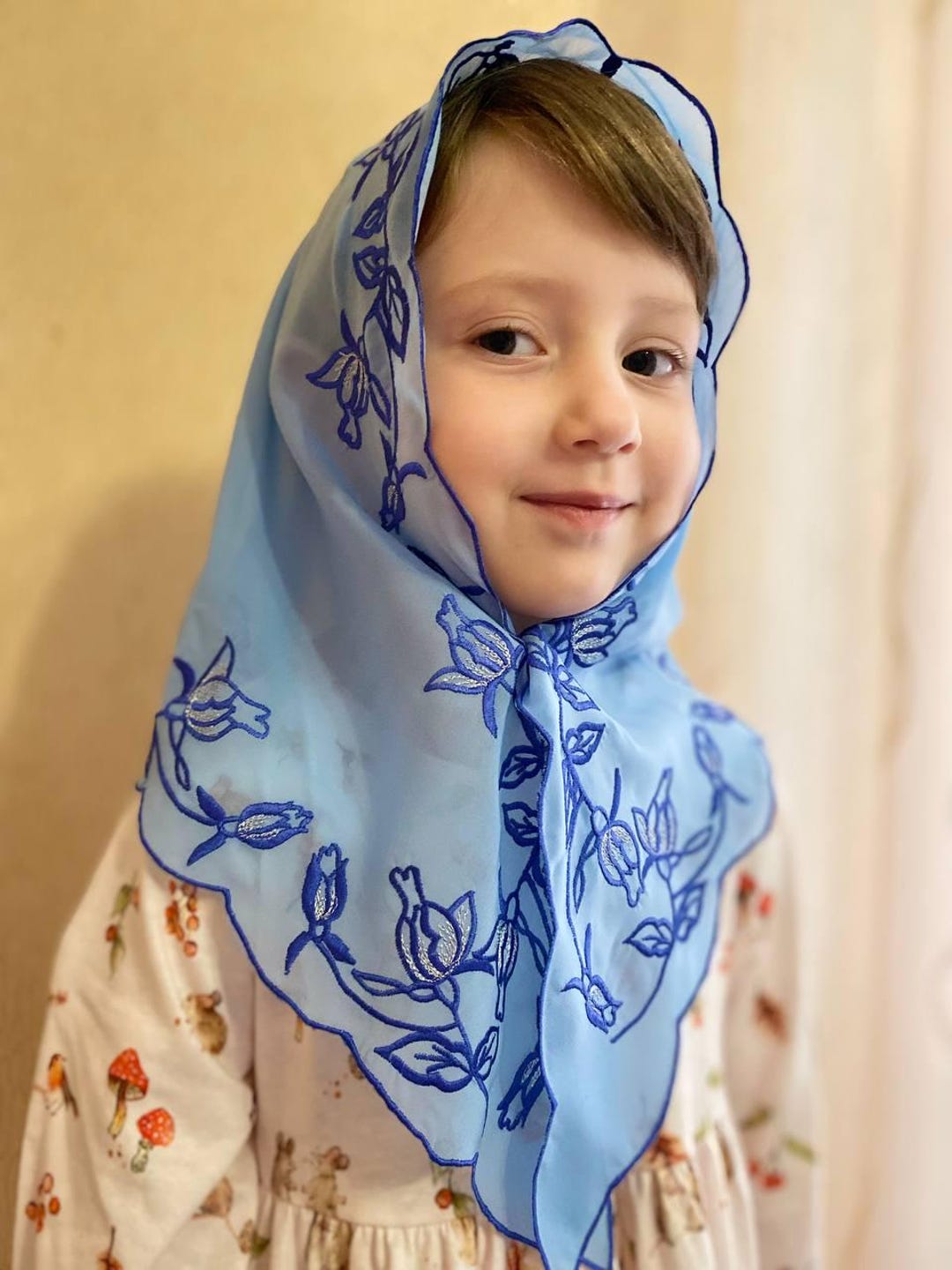 Embroidered Kids Scarf: Blue Rose Buds, Chiffon Small Scarf - Etsy