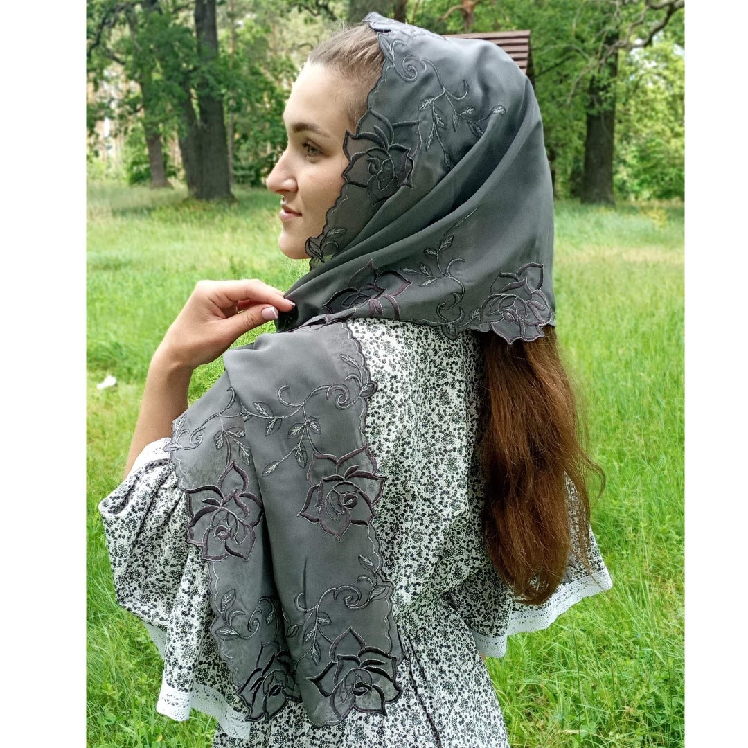 Stylish Embroidered Gray Scarf. Floral Chiffon Hair Scarf for Women ...