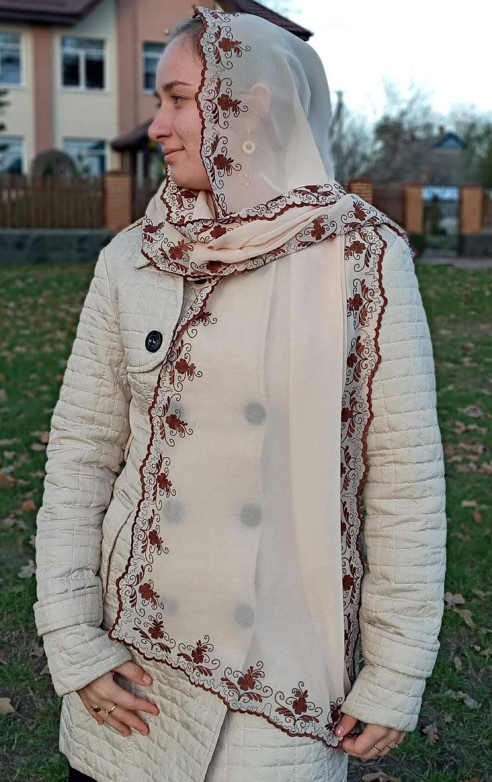 Orthodox Embroidered Scarf. Cream Floral Chiffon Hair Scarf for Women ...