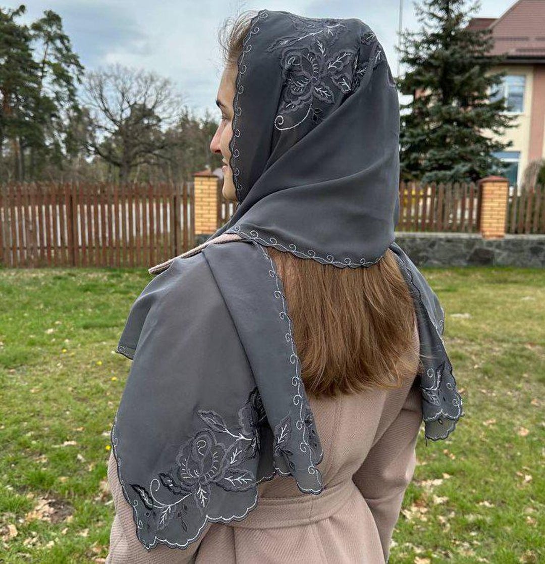 Orthodox Veil. Christian Grey Embroidered Chiffon Scarf. Orthodox ...