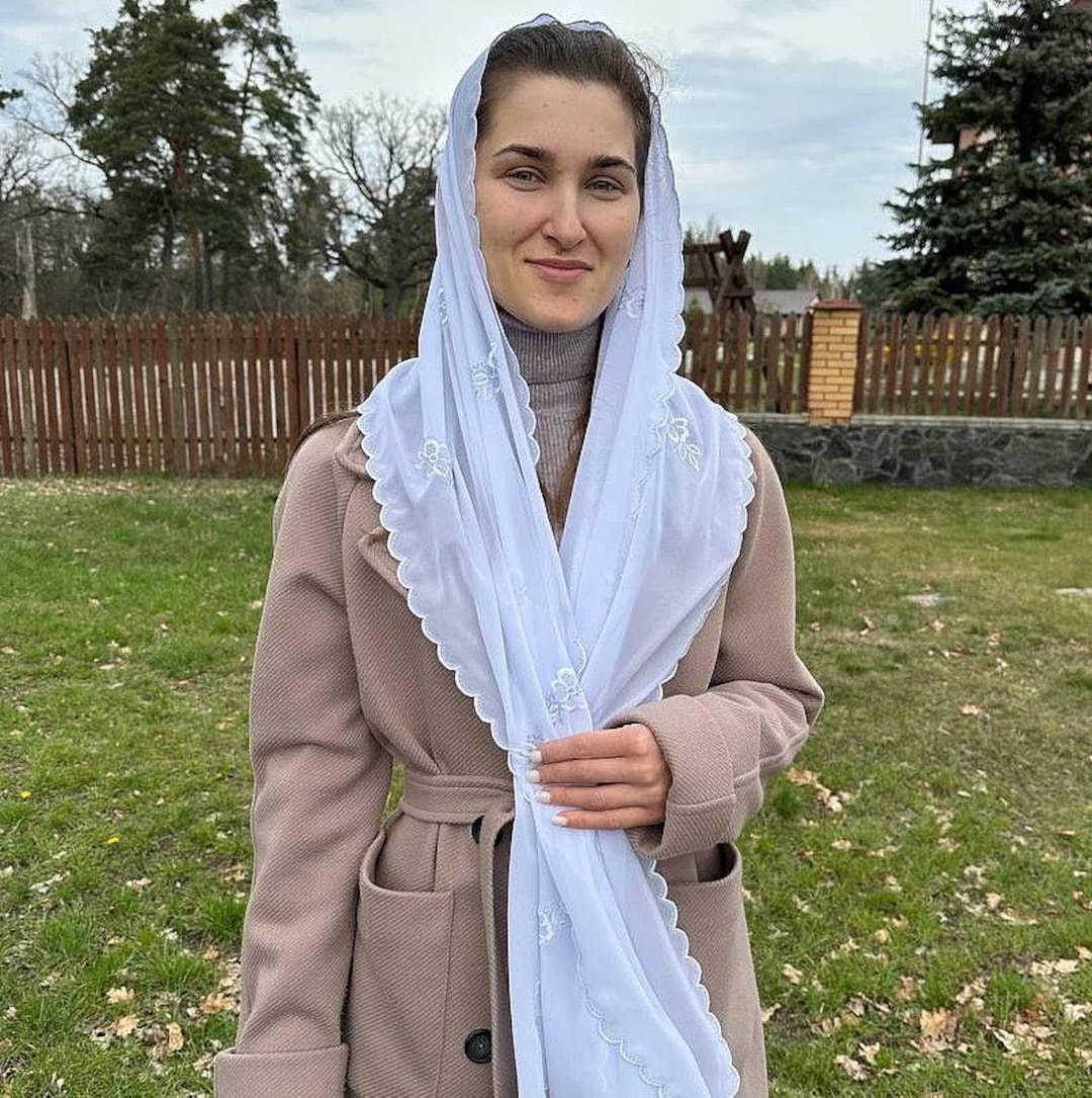 Orthodox Head Scarf. Christian Veil. White Embroidered Chiffon Floral ...