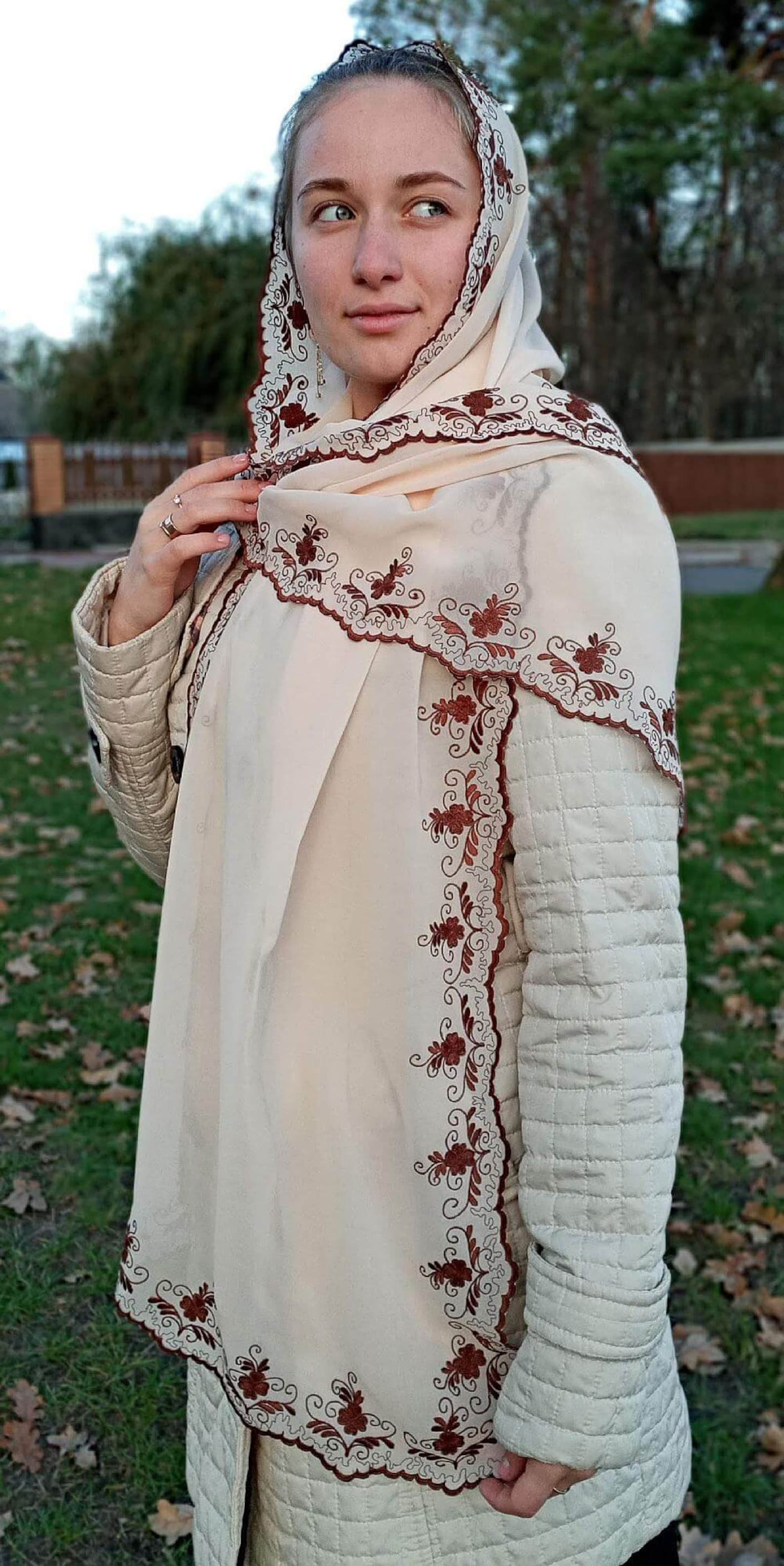 Orthodox Embroidered Scarf. Cream Floral Chiffon Hair Scarf for Women ...