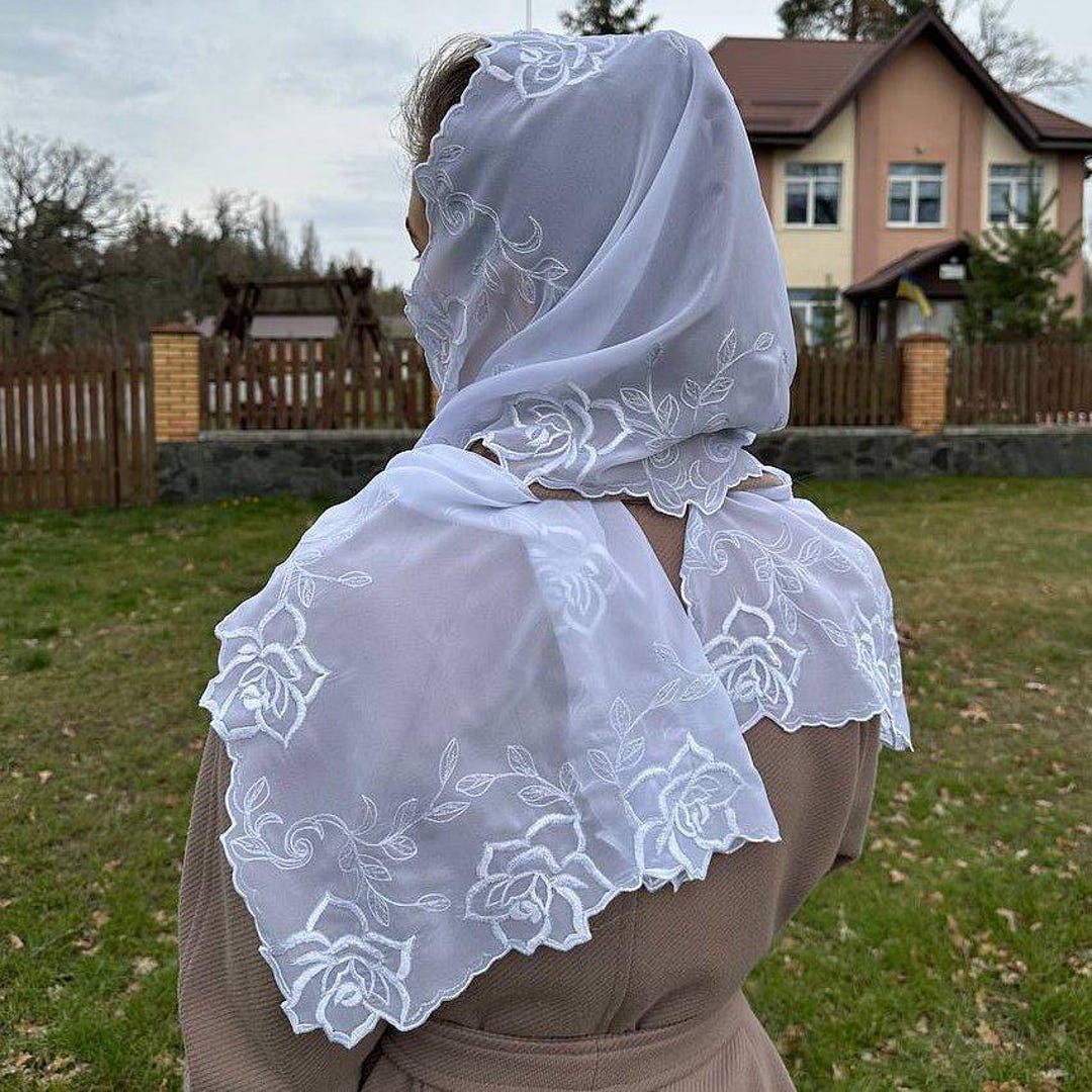 White Embroidered Christian Orthodox Scarf. Handmade Veil. Chiffon Hair ...