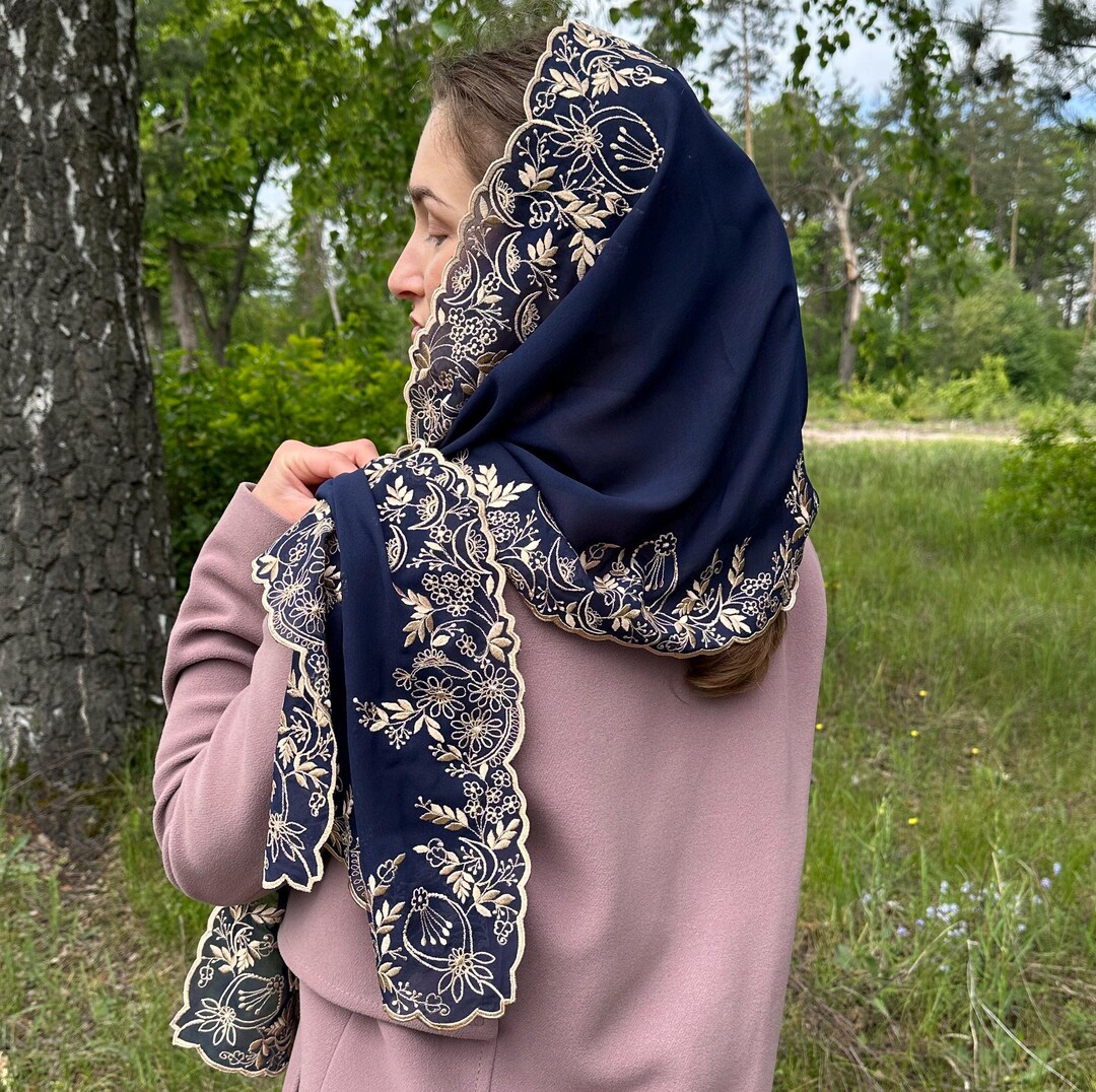 Blue Orthodox Head Scarf — Luxurious Prayer Shawl. Chiffon Embroidered ...