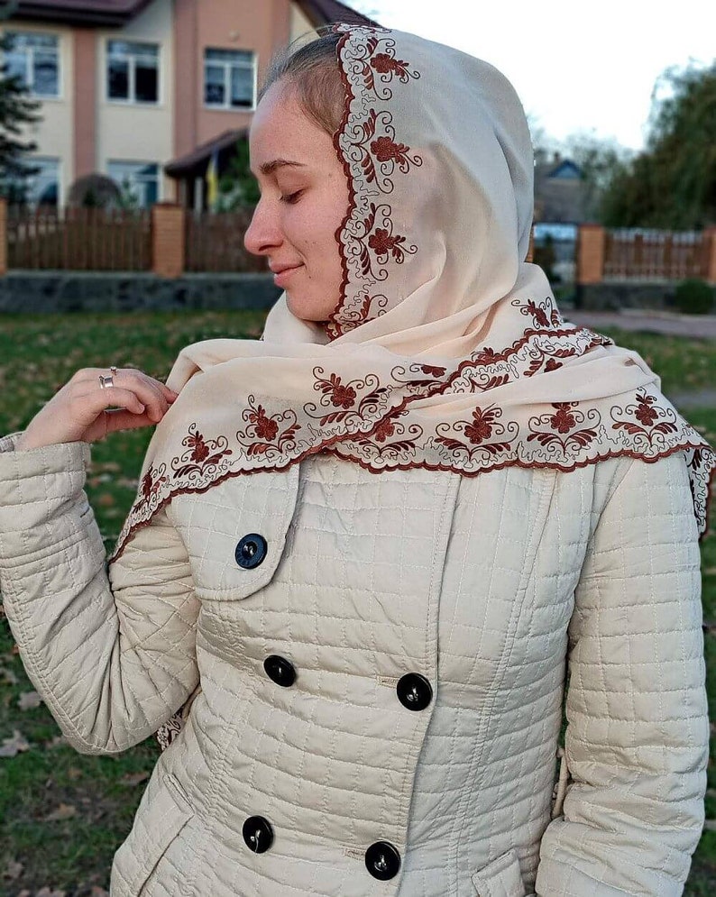 Orthodox Embroidered Scarf. Cream Floral Chiffon Hair Scarf for Women ...