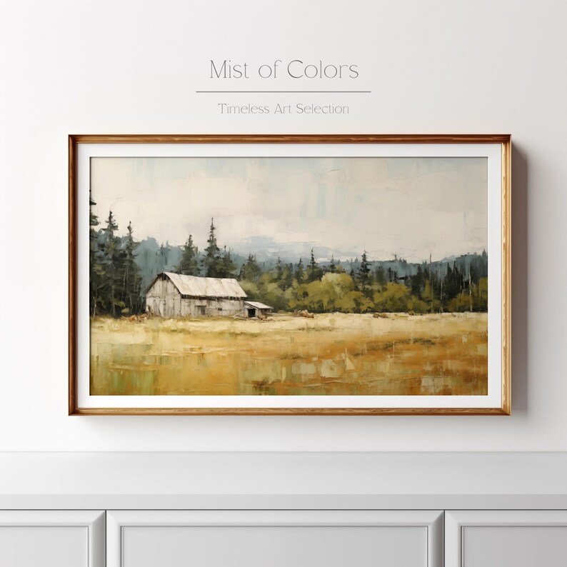 Classic Landscape Art Vintage Field of Grass Scenery Rustic Barn ...