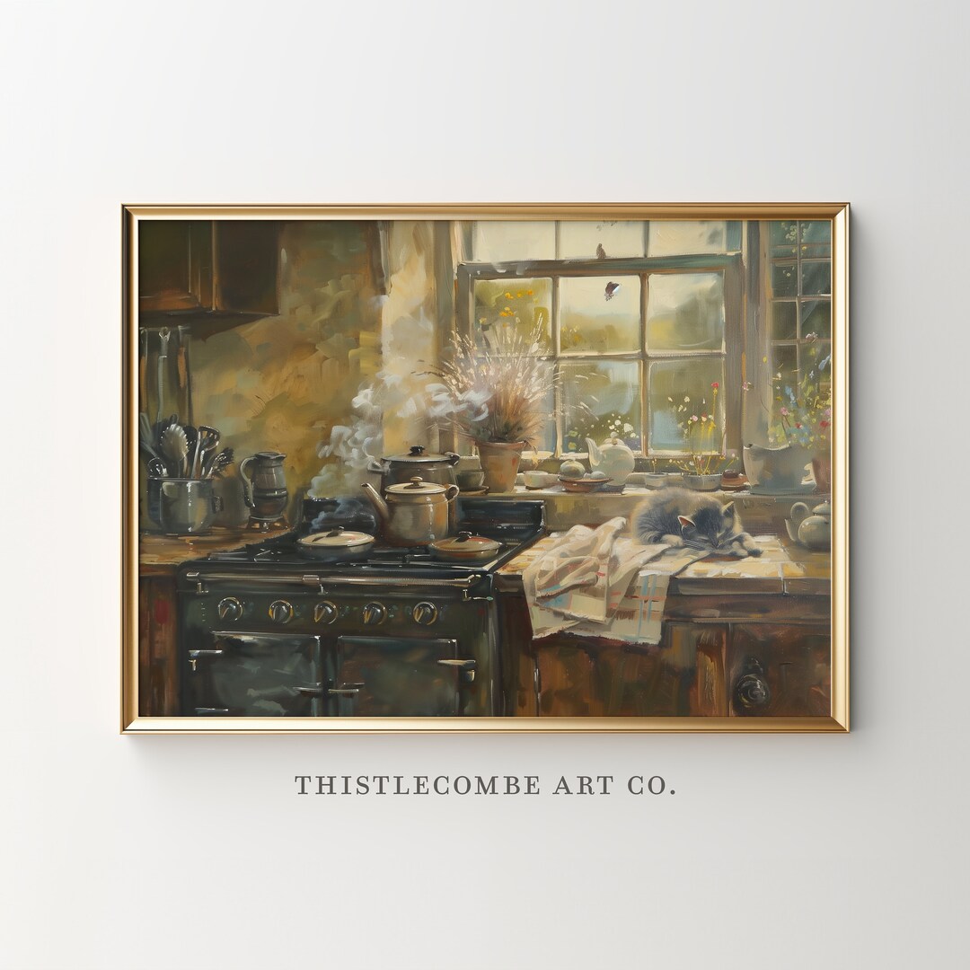 Vintage Oil Painting Style Cottage Kitchen Aga Printable Art Farmhouse ...