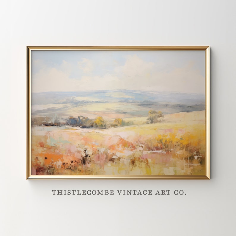 Vintage Oil Painting Style English Countryside Meadow Pink and Orange ...