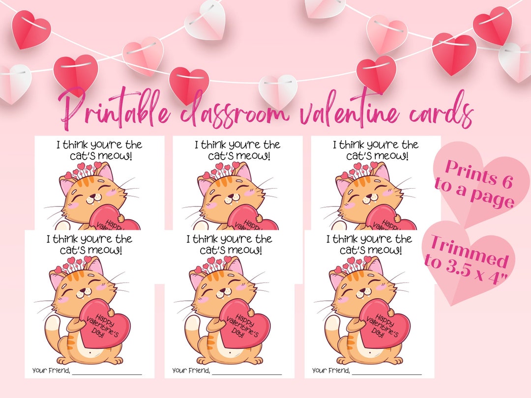 Cat Valentines Day Cards Printable Classroom Valentines for Kids School ...