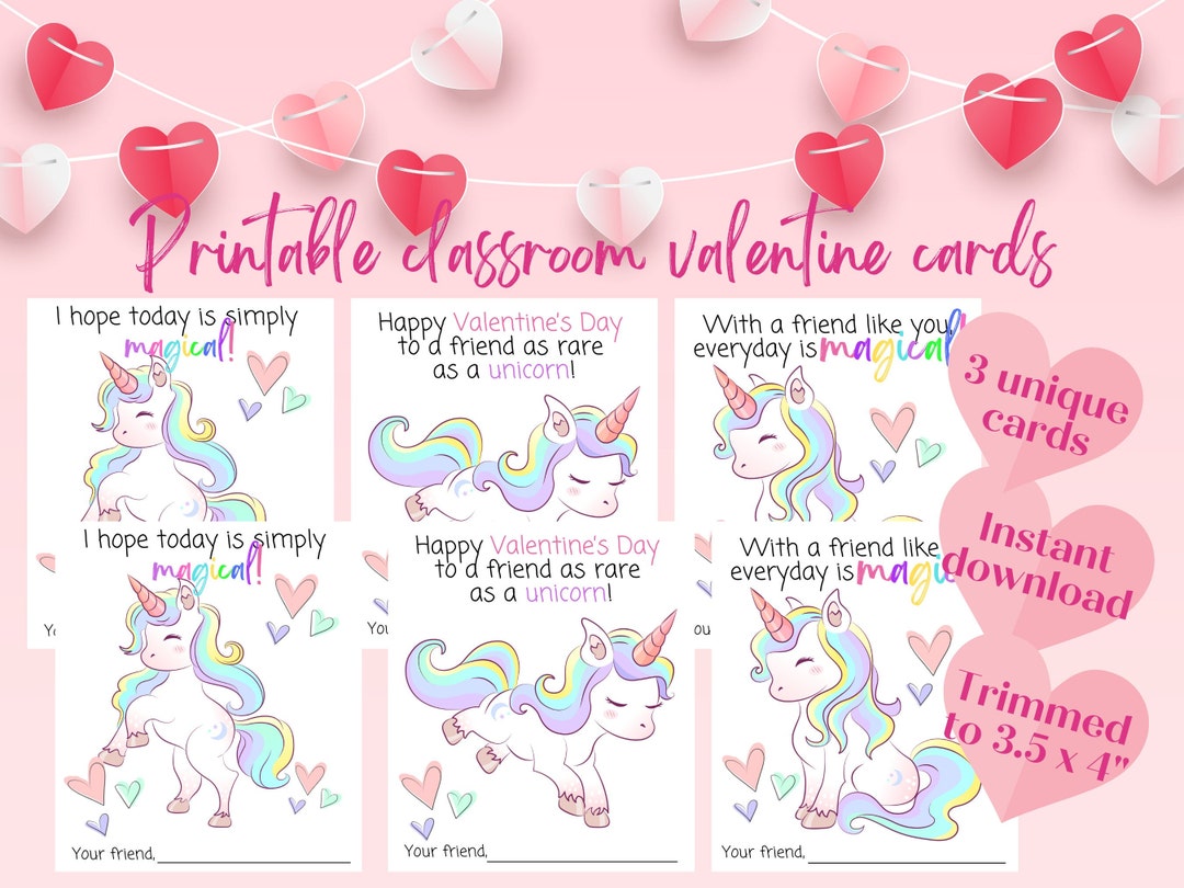 Unicorn Valentine Cards Printable Classroom Valentine Kids Cards for ...
