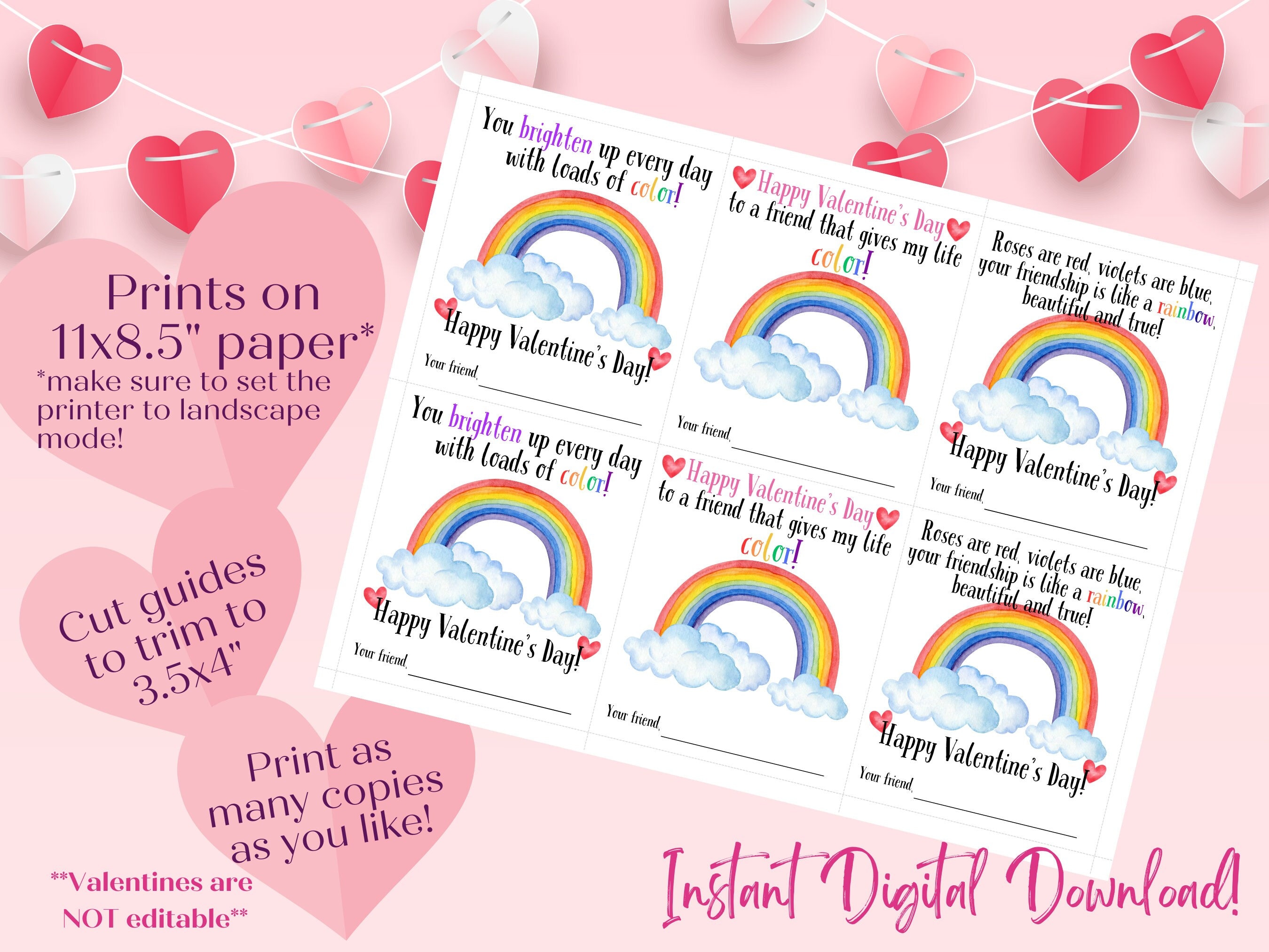 Rainbow Valentine's Day Cards, Printable Classroom Valentines (PDF) - Etsy
