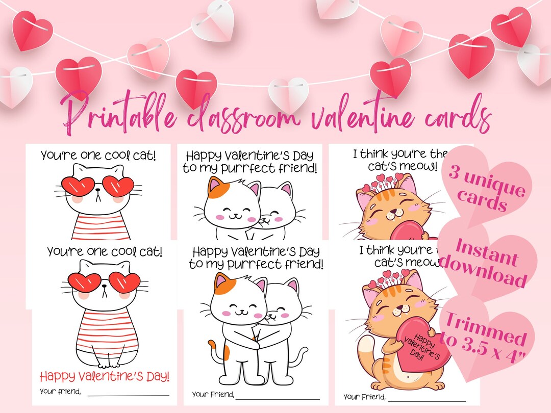 Classroom Valentine Cards Printable Valentines Day Cards Cat Cards ...