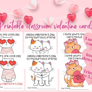 Classroom Valentine Cards Printable Valentines Day Cards Cat Cards ...