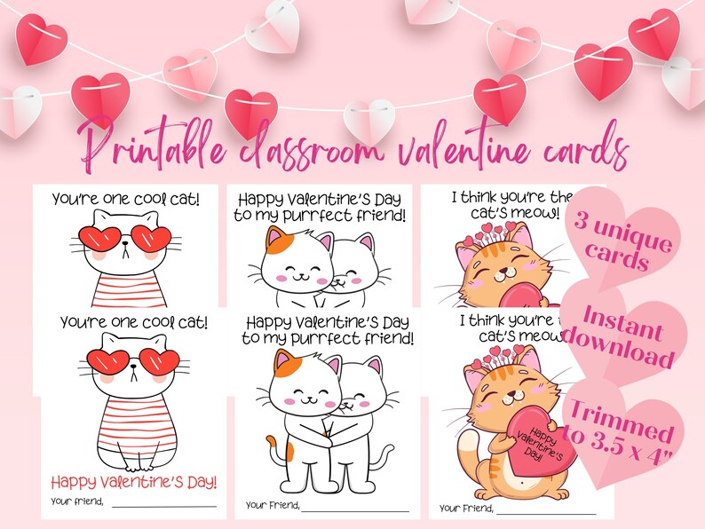 Classroom Valentine Cards Printable Valentines Day Cards Cat Cards ...