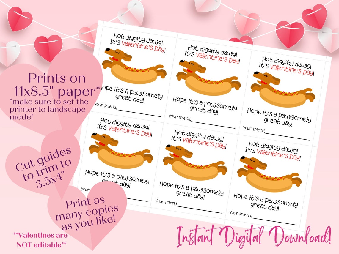Dachshund Hot Dog Valentines Day Cards: Printable Classroom Valentines ...