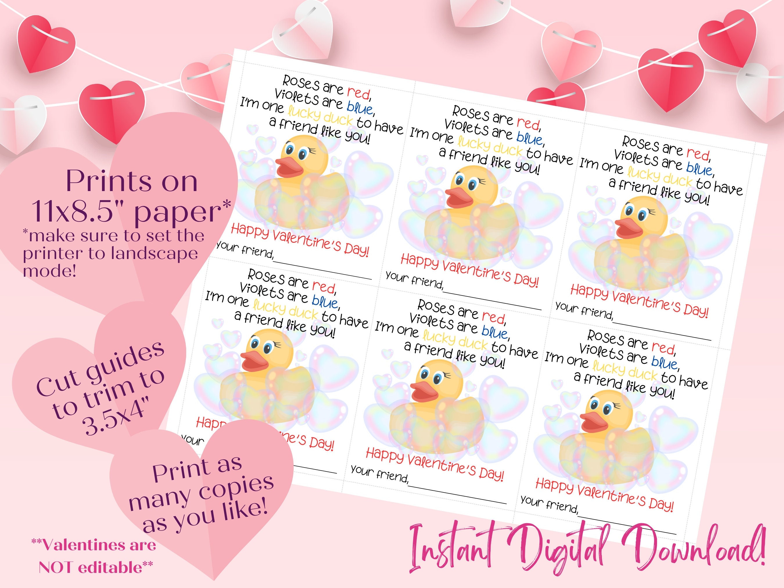 Lucky Duck Valentines Day Card Printable Classroom Valentines Rubber ...