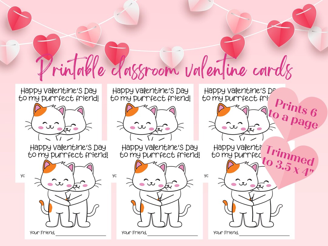 Classroom Cat Valentine Cards for Kids, Printable Valentine Gift Tags ...