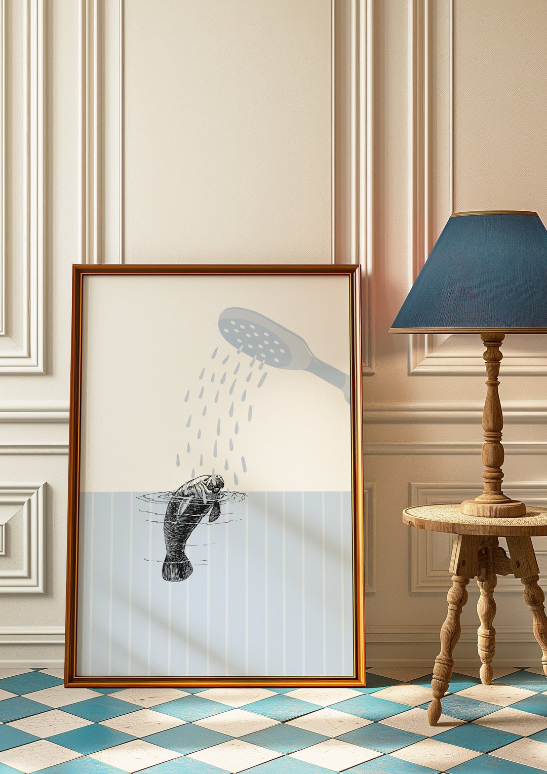 Manatee Shower Poster Digital Download, Funny Bathroom Wall Art, Blue ...