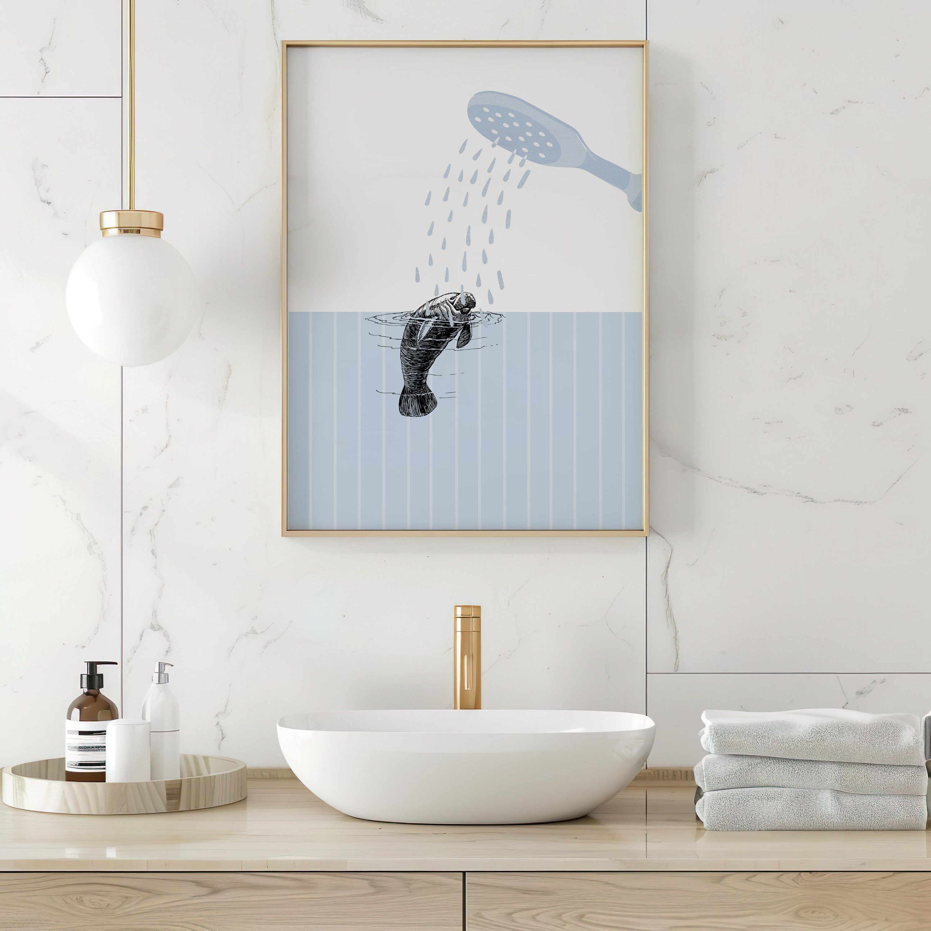 Manatee Shower Poster Digital Download, Funny Bathroom Wall Art, Blue ...
