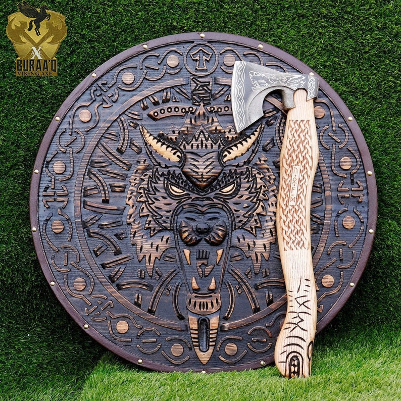 Medieval Viking Fenrir Shield & Axe Set, Viking Round Shield Viking ...