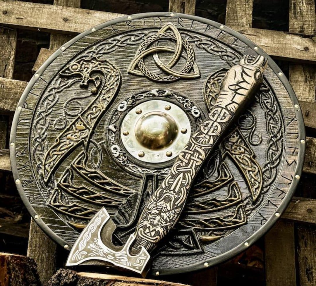 Medieval Viking Fenrir Shield & Axe Set, Viking Round Shield Viking ...