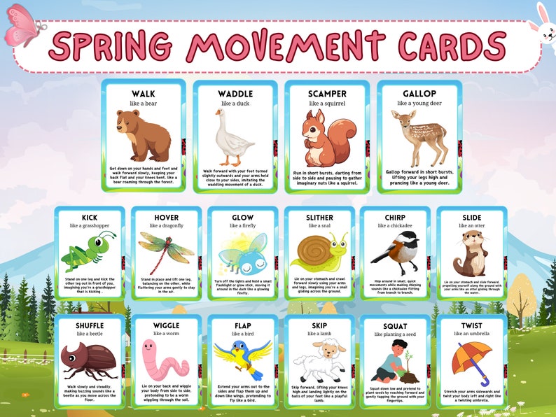 Printable Spring Activity Cards for Kids, Movement Action Cards, Games ...