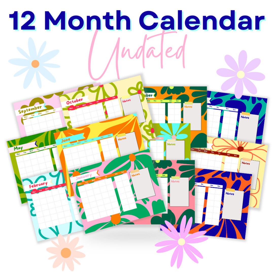 Printable 12 Month Calendar, Flower Calendar, Colourful Calendar ...