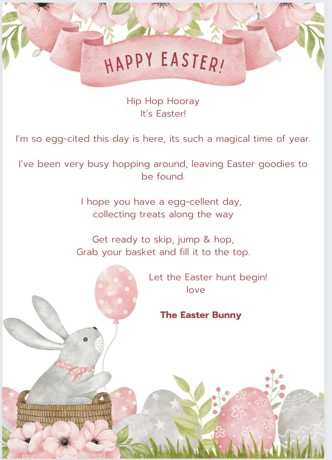 A4 Green Easter Bunny Letter, Easter Egg Hunt Letter, Easter Basket ...