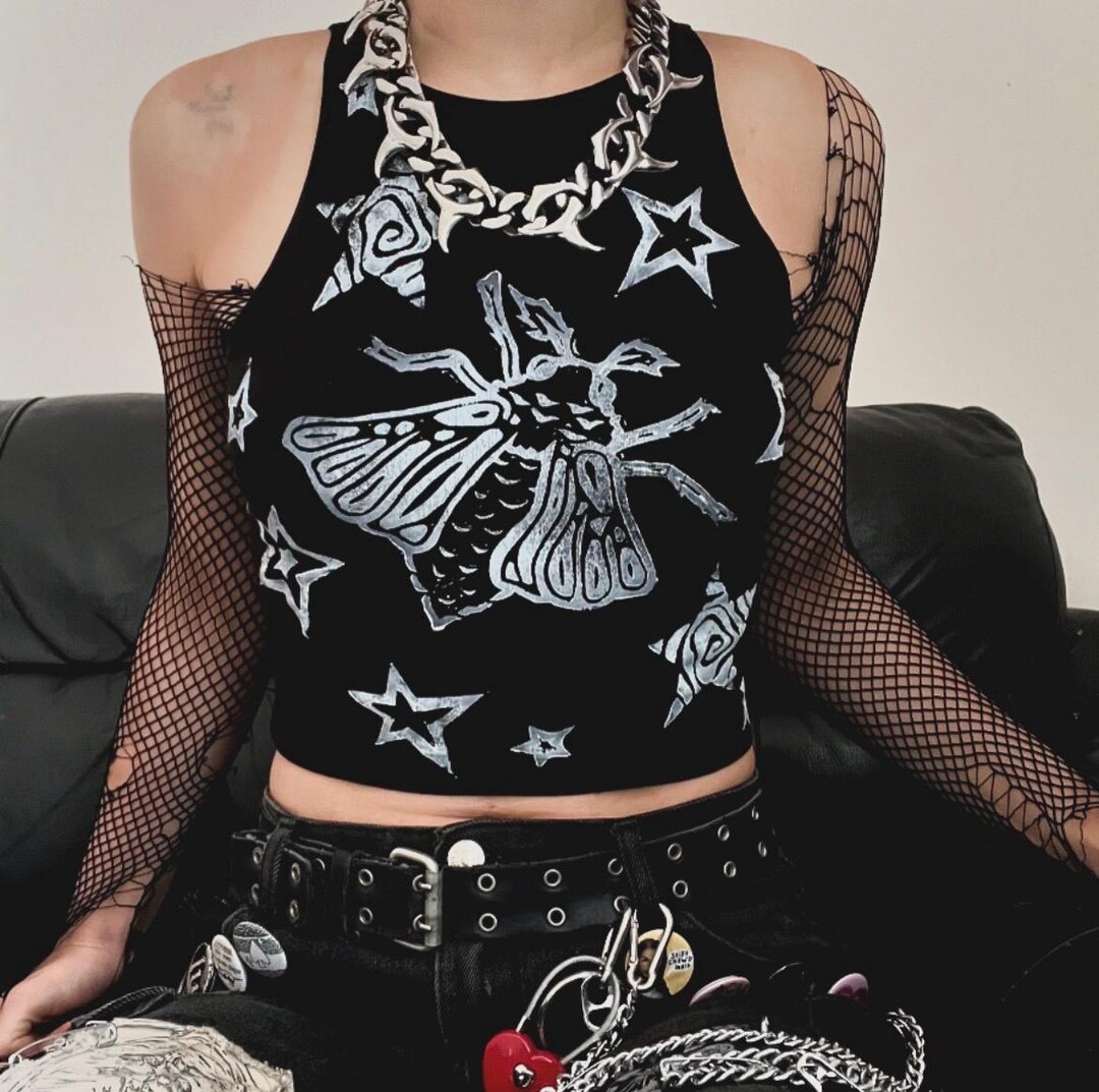 Black Moth Crop Top / Handprinted Linocut Vest - Etsy
