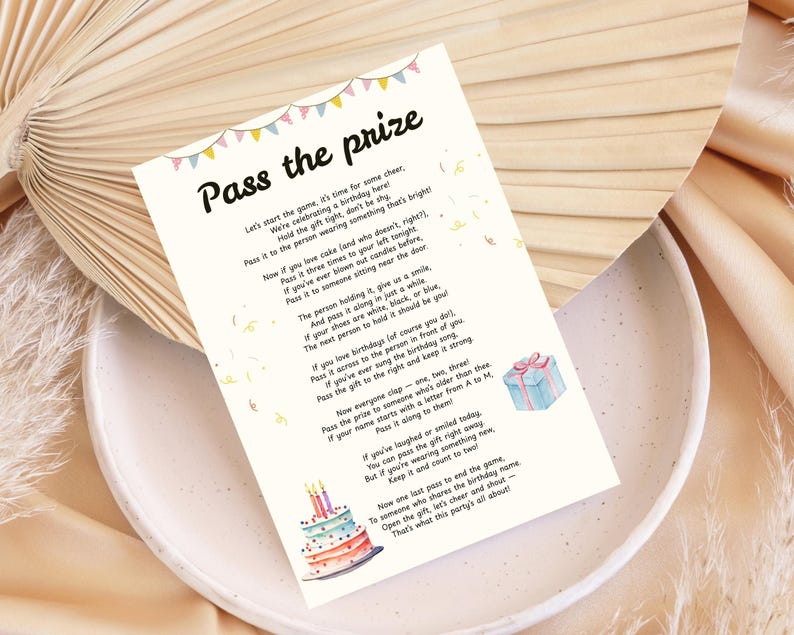 Pass the Prize Game: Birthday Party Poem Activity (printable PDF) - Etsy