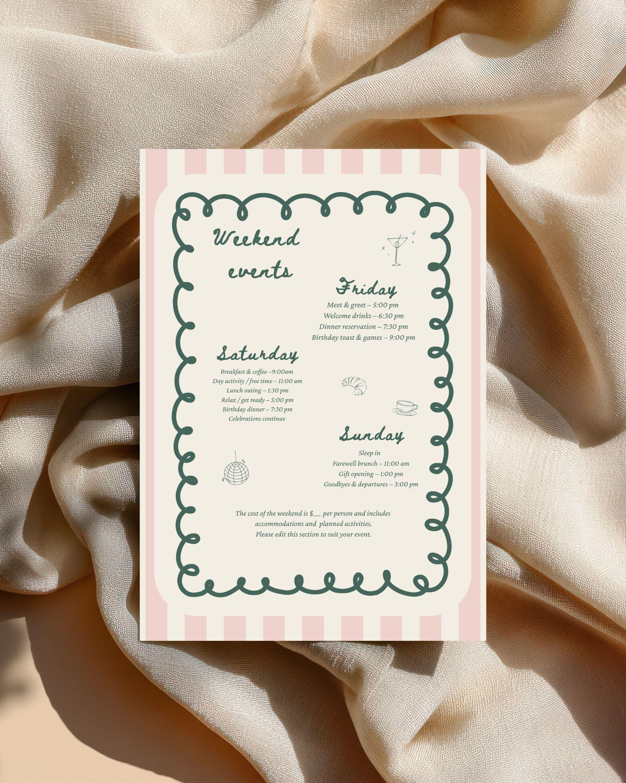 Editable Weekend Itinerary Card Template | Birthday Weekend Agenda ...